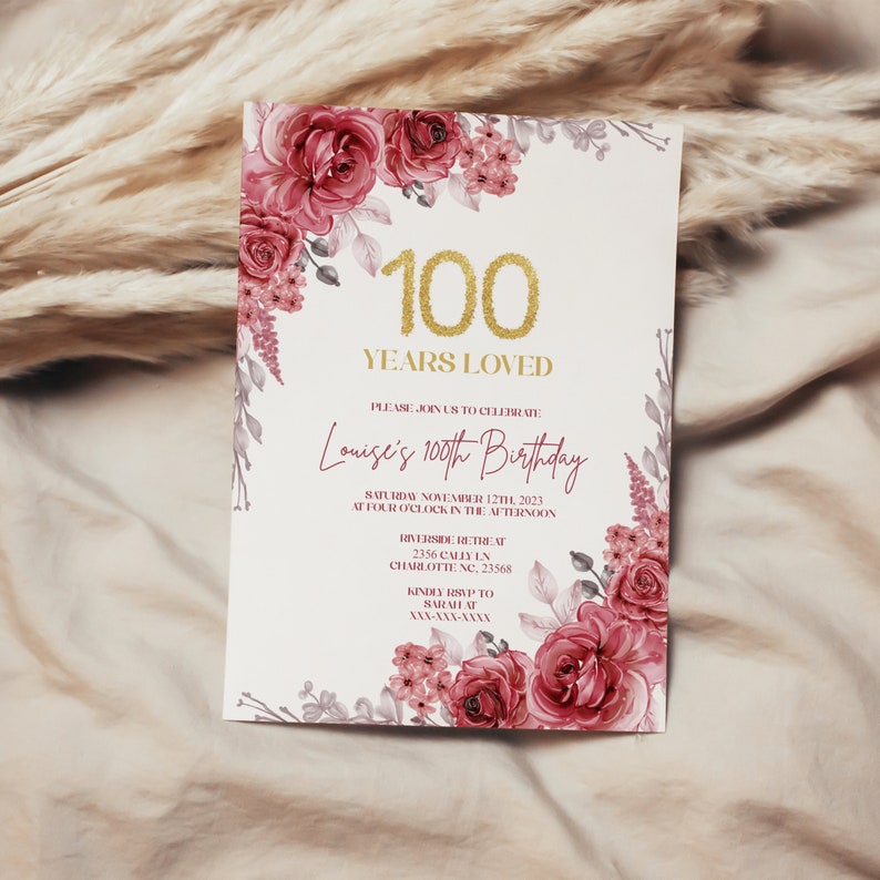 100th Birthday Invitations, Printable 100th Birthday Party Invitation ...