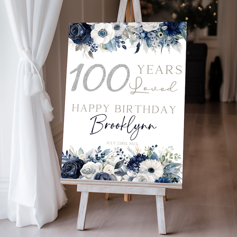 100th Birthday Party Welcome Sign, Navy Floral Birthday Party Welcome ...
