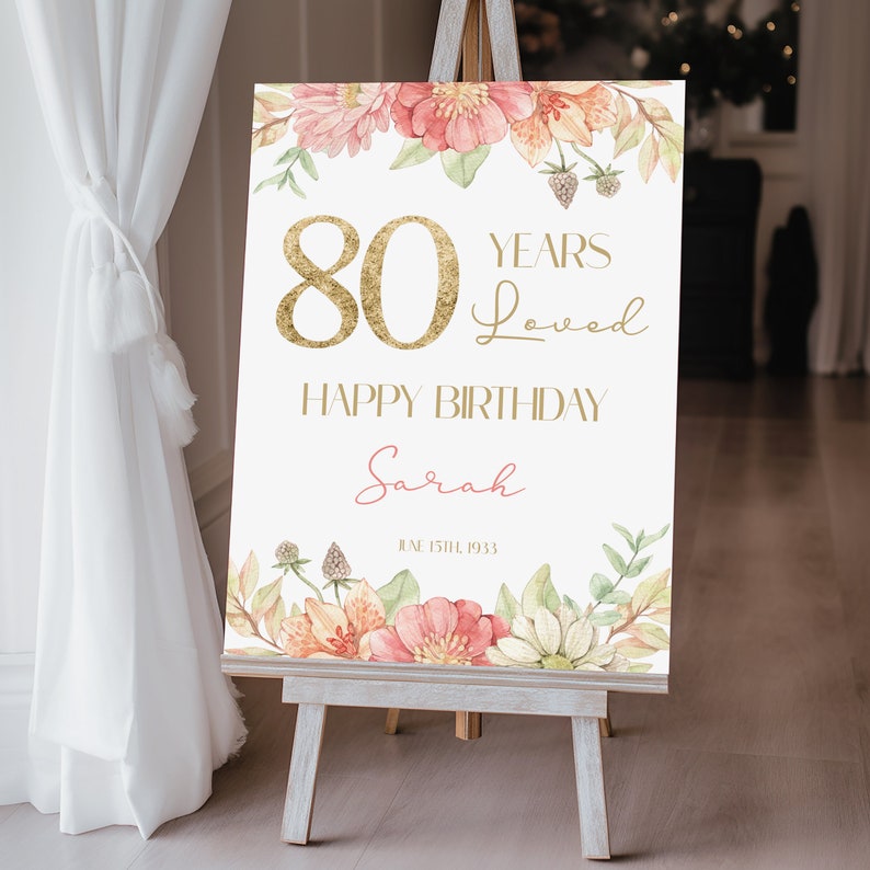 80 Years Loved, 80th Birthday Party Welcome Sign Printable, Pink Floral ...