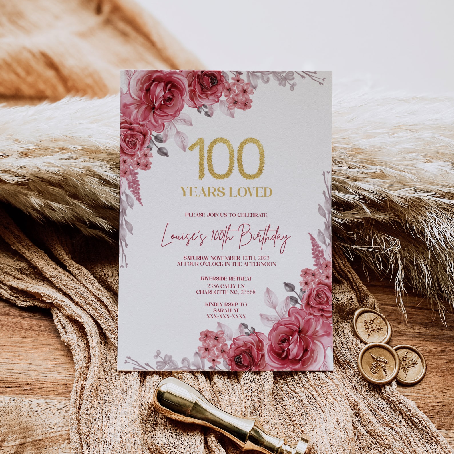 100th Birthday Invitations, Printable 100th Birthday Party Invitation, Burgundy Floral 100th ...