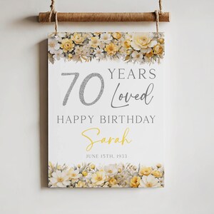 70 Years Loved, 70th Birthday Party Welcome Sign Printable, Yellow ...