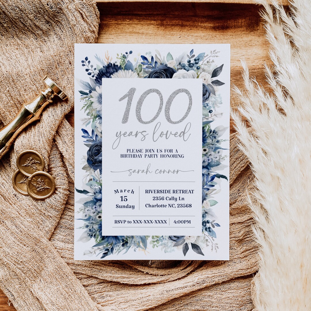 Floral 100th Birthday Invitation, Printable 100th Birthday Party ...