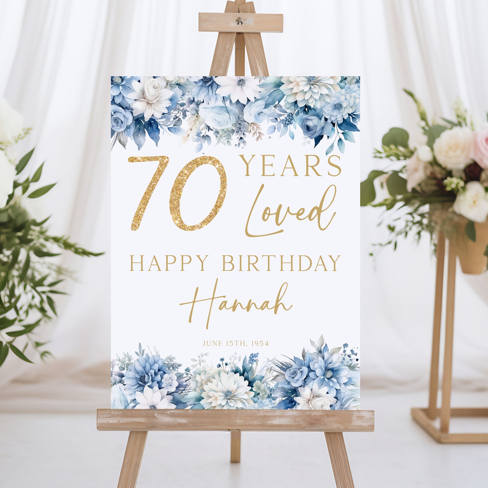 70 Years Loved, 70th Birthday Party Welcome Sign Printable, Blue Floral ...