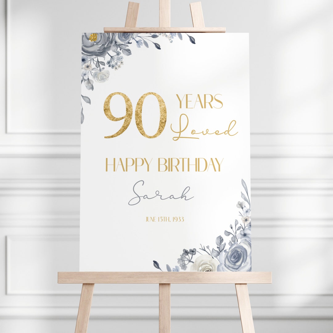 90th Birthday Party Welcome Sign, Navy Blue Floral Birthday Party ...