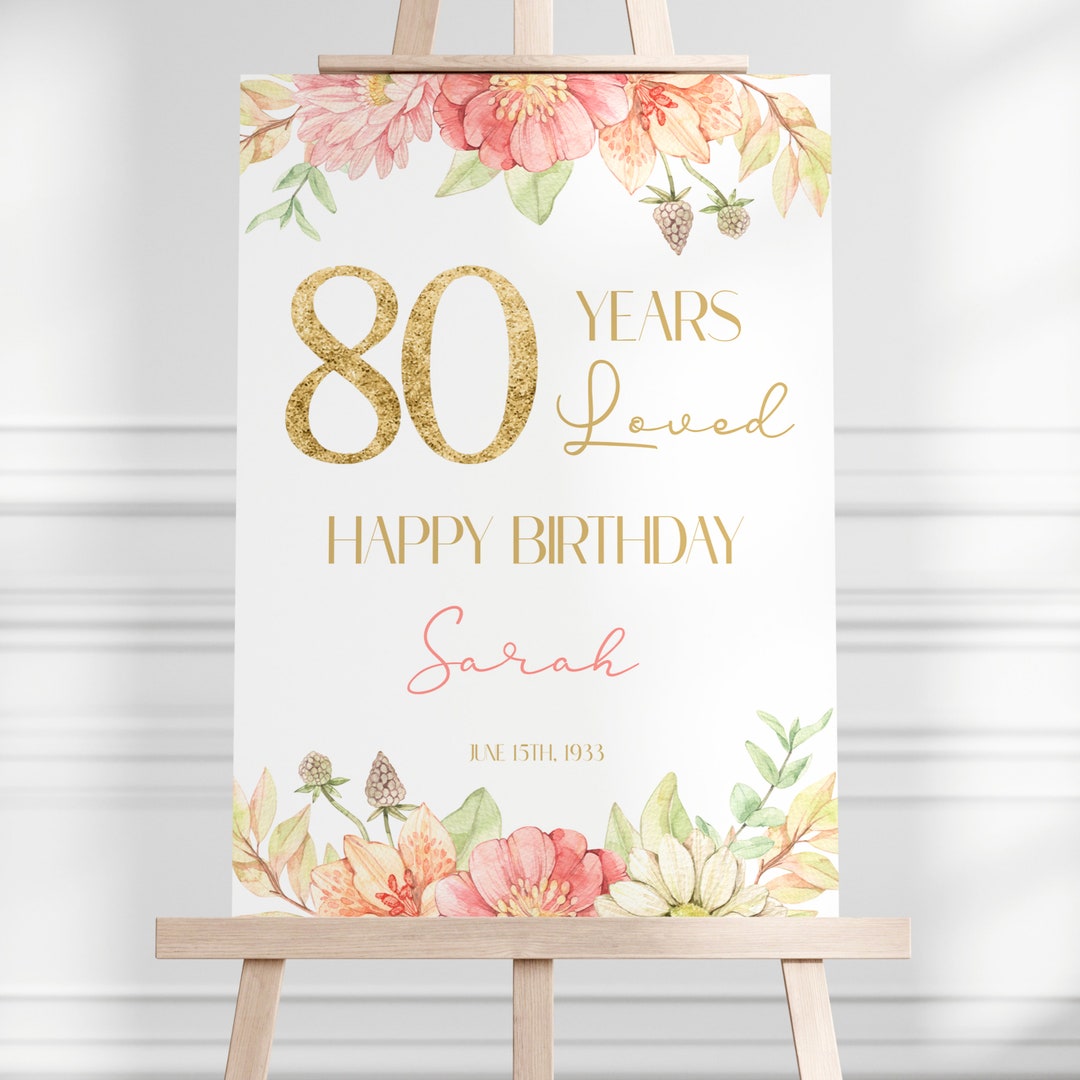 80 Years Loved, 80th Birthday Party Welcome Sign Printable, Pink Floral ...