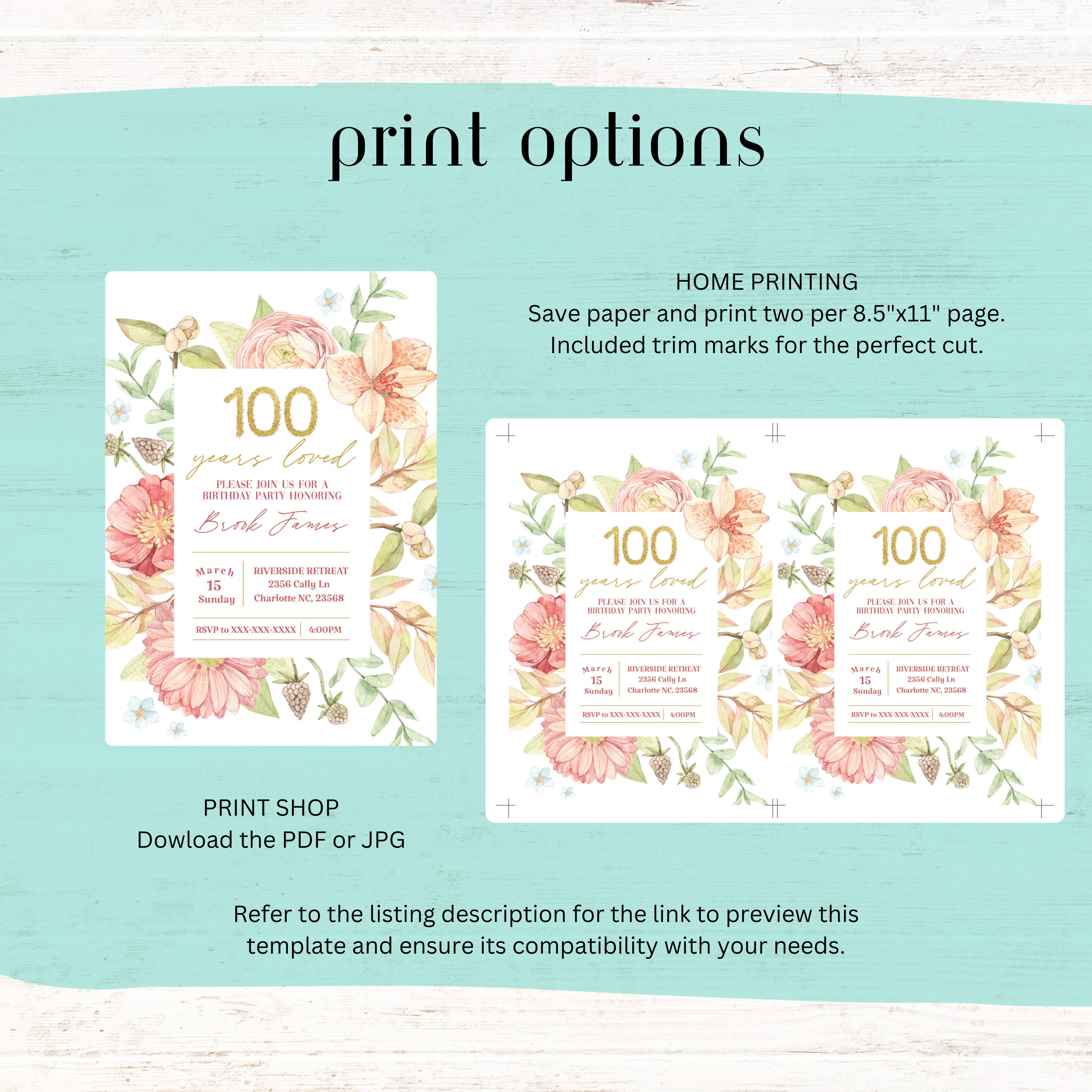 Floral 100th Birthday Invitation, Printable 100th Birthday Party ...
