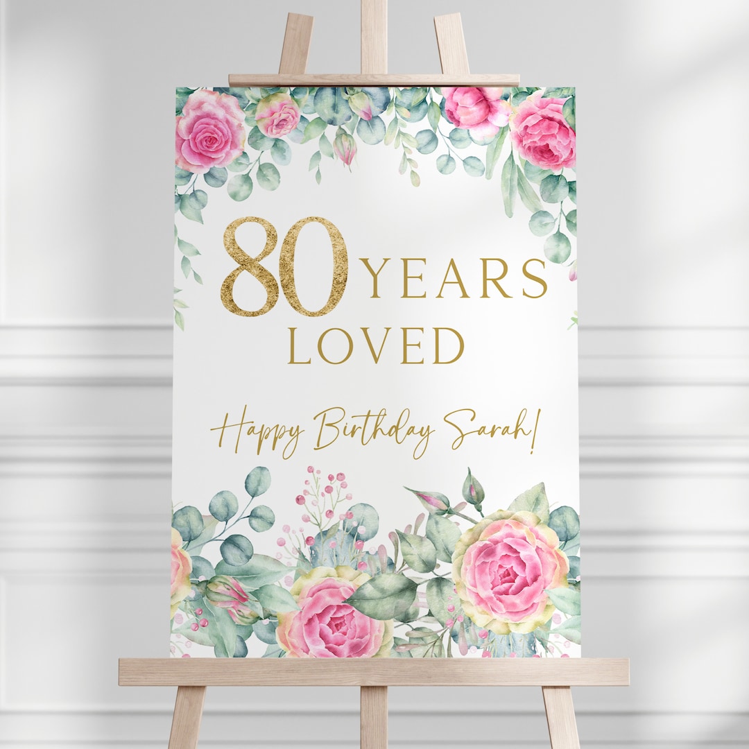 80 Years Loved, 80th Birthday Party Welcome Sign Printable, Pink Floral ...