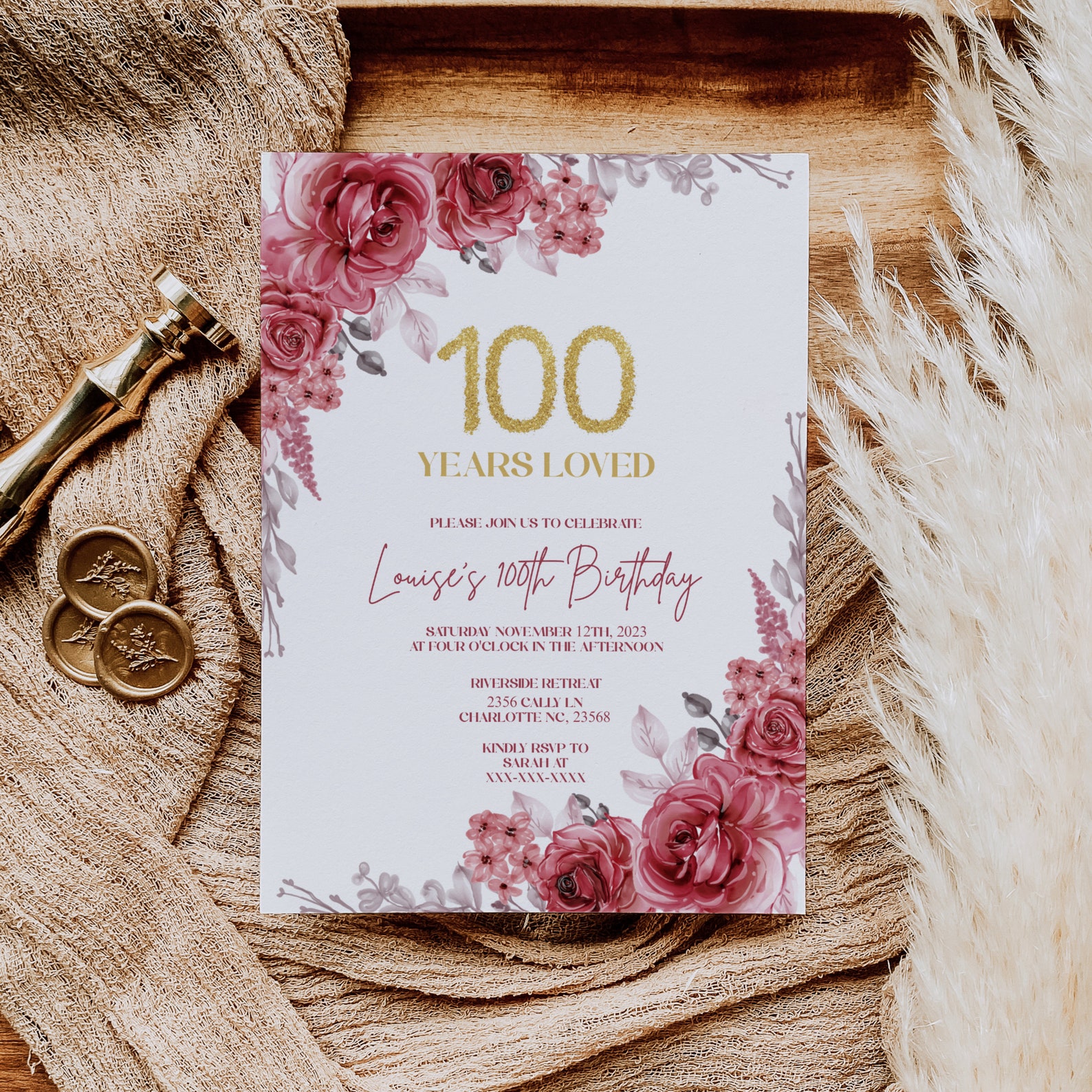 100th Birthday Invitations, Printable 100th Birthday Party Invitation ...