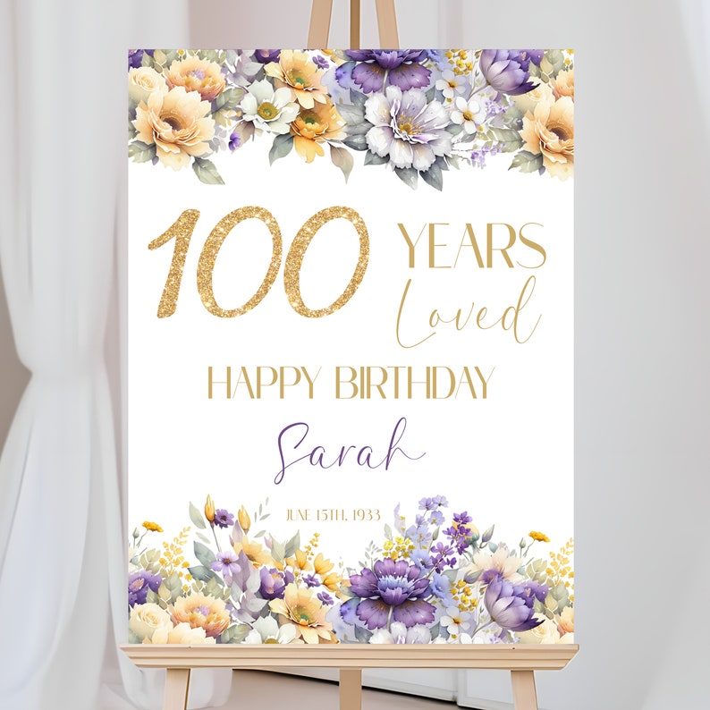 100th Birthday Party Welcome Sign, Purple Floral Birthday Party Welcome ...