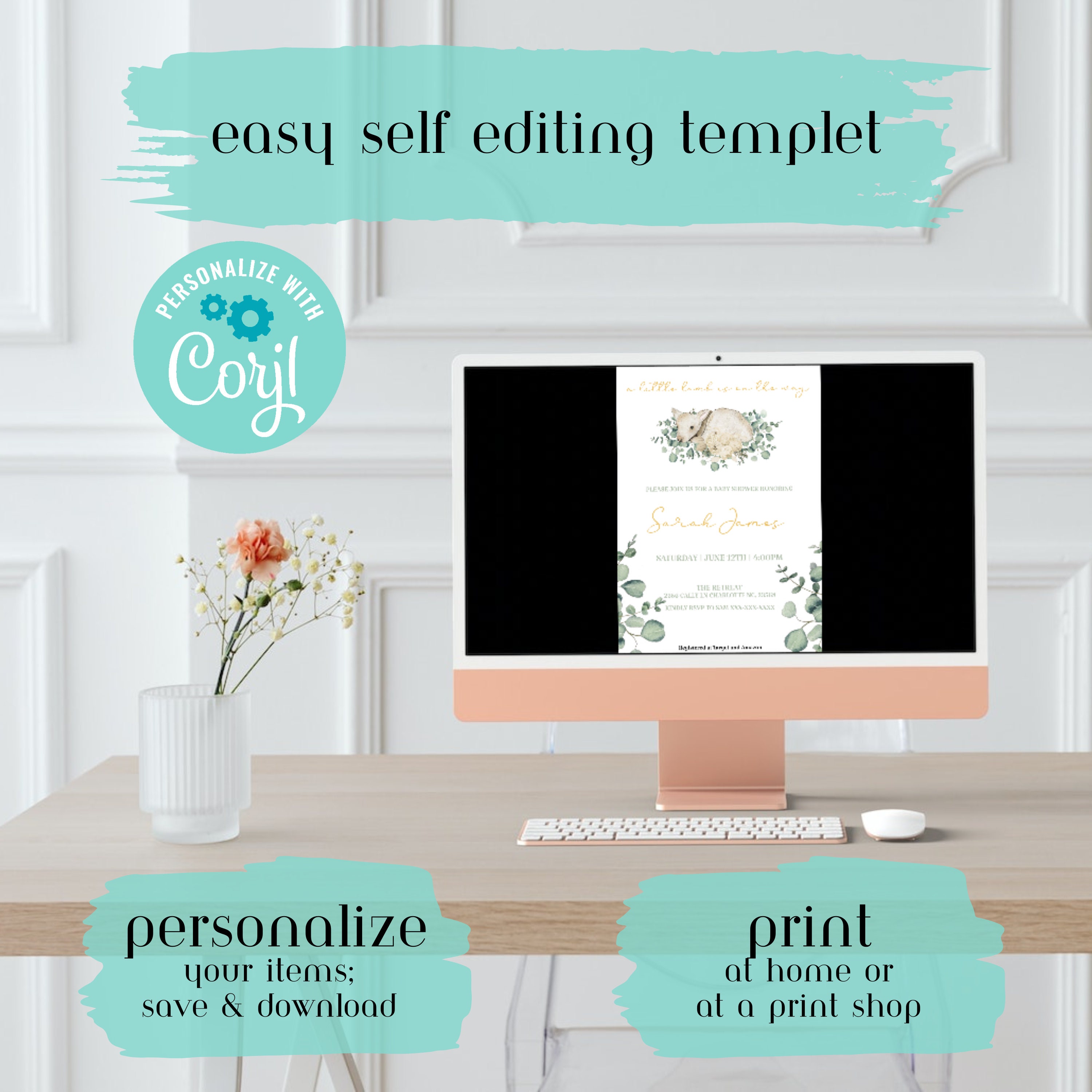 Lamb Baby Shower Invitation, DIY Invite Template, Greenery Invite ...