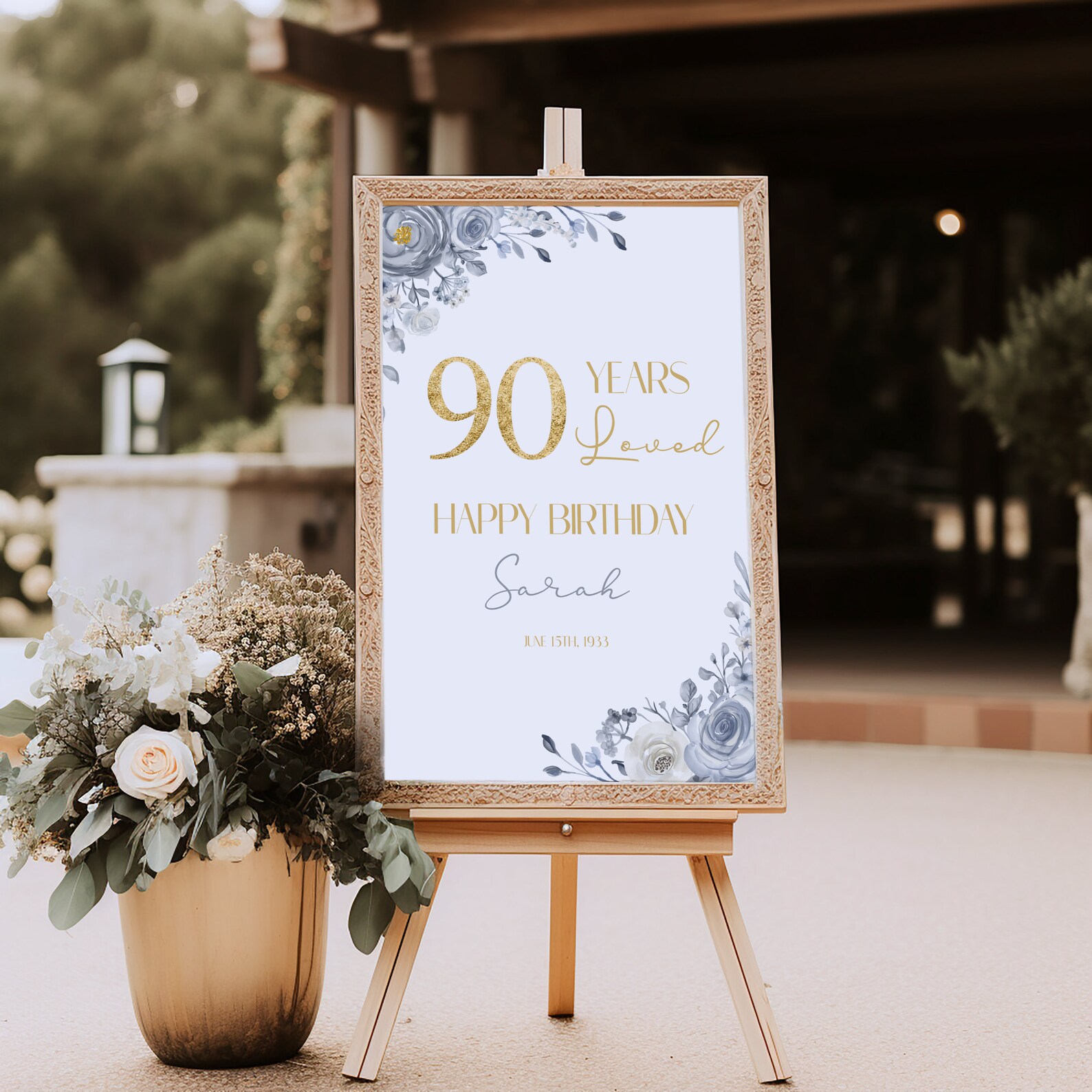 90th Birthday Party Welcome Sign, Navy Blue Floral Birthday Party ...