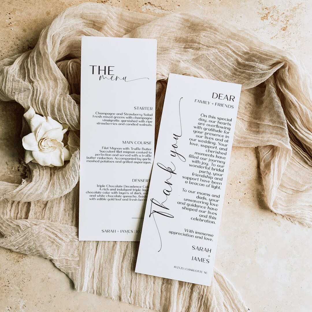 Modern Menu and Thank You Card, Wedding Menu Card, Napkin Note Thank ...