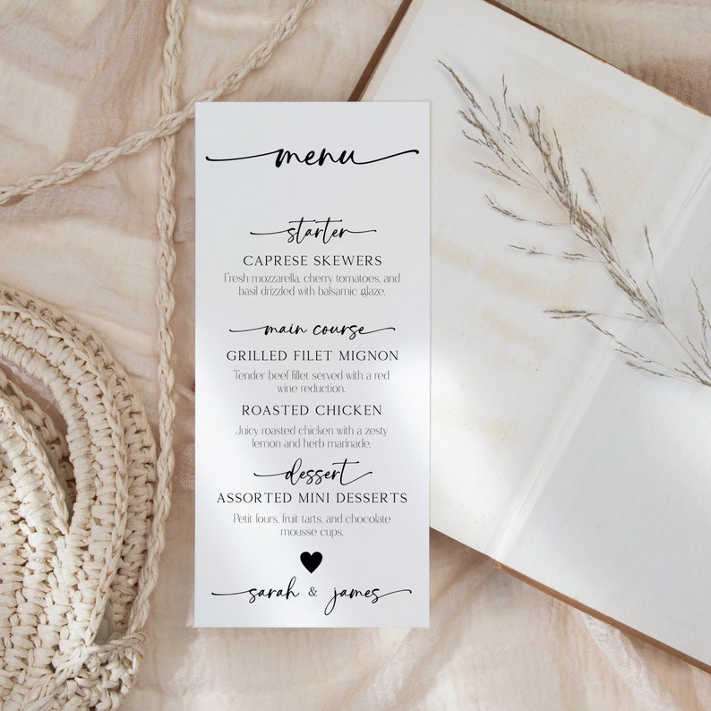 Minimalist Wedding Menu Template, Modern Script Wedding Dinner Menu ...