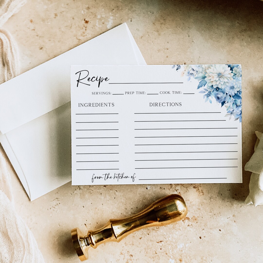 Minimalist Blue Recipe Card Template, Bridal Shower Recipe Card Insert ...