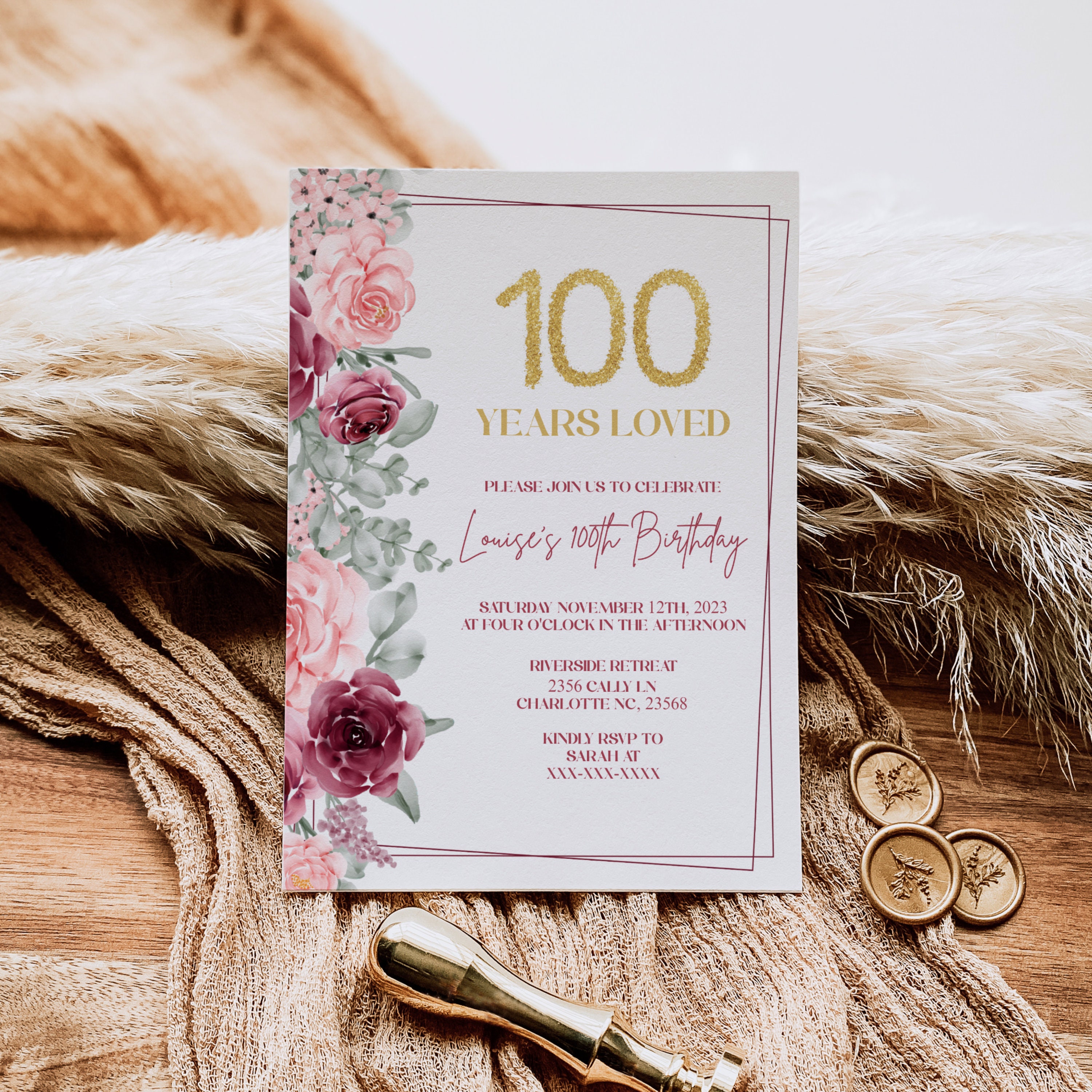 100th Birthday Invitation, Printable 100th Birthday Party Invitation, Burgundy Floral 100th ...
