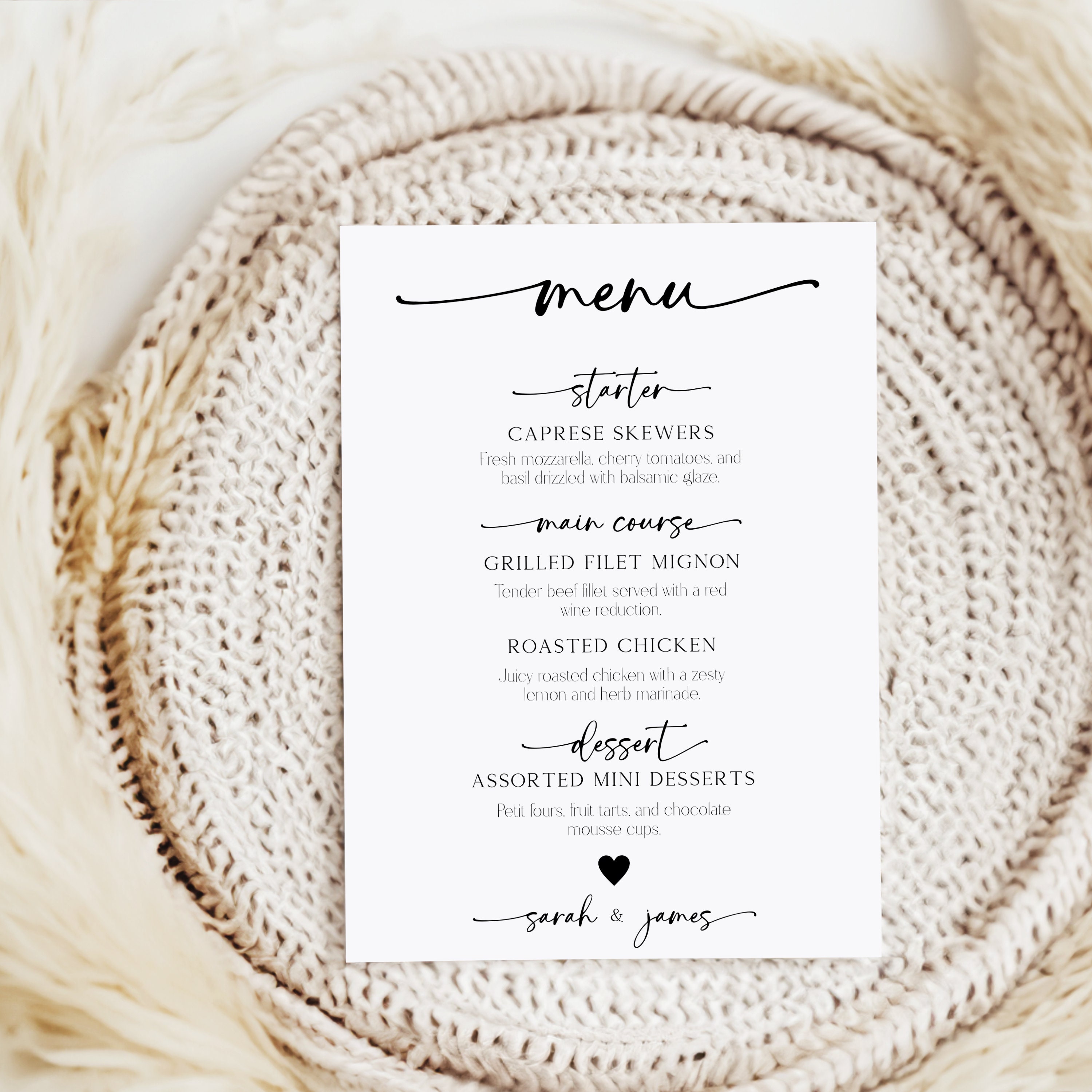Minimalist Wedding Menu Template, Modern Script Wedding Dinner Menu ...