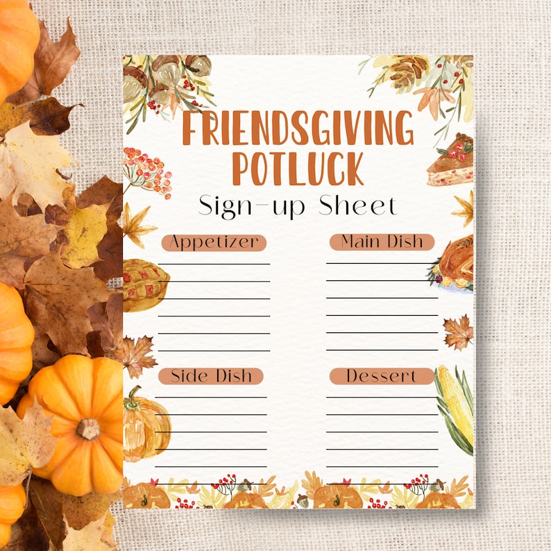 Friendsgiving Potluck Sign up Sheet, Friendsgiving Menu, Potluck Sign ...