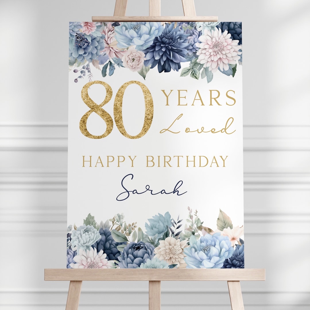 80 Years Loved, 80th Birthday Party Welcome Sign Printable, Blue Floral ...