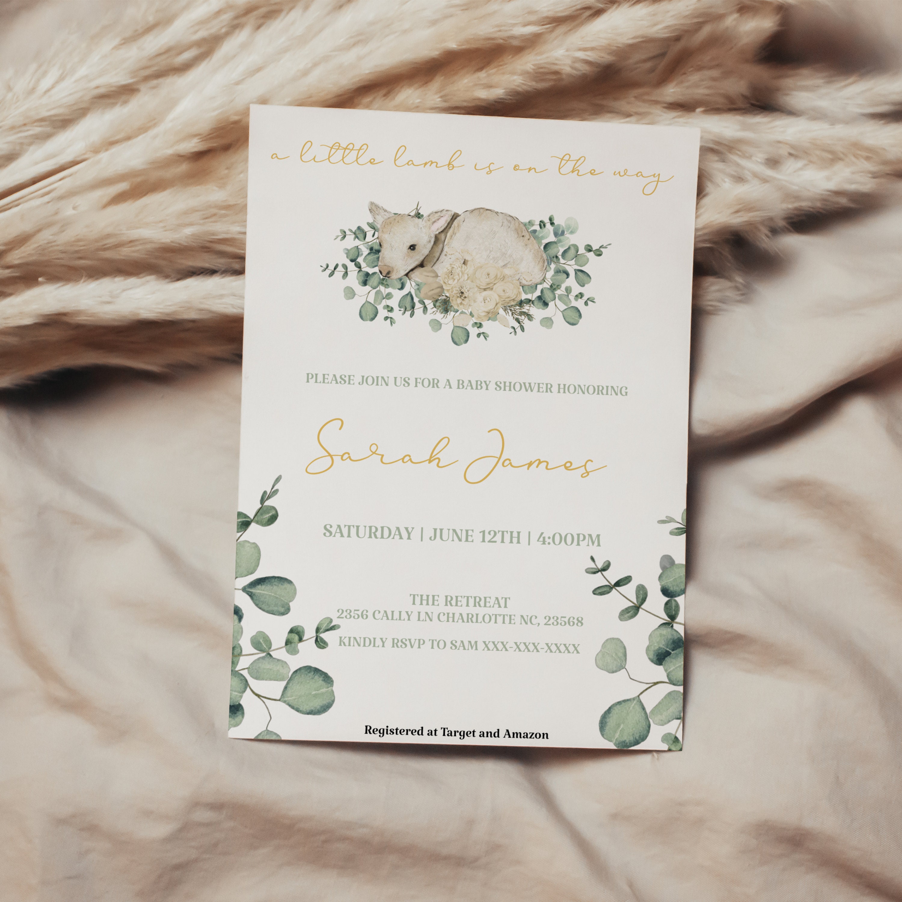 Lamb Baby Shower Invitation, DIY Invite Template, Greenery Invite ...