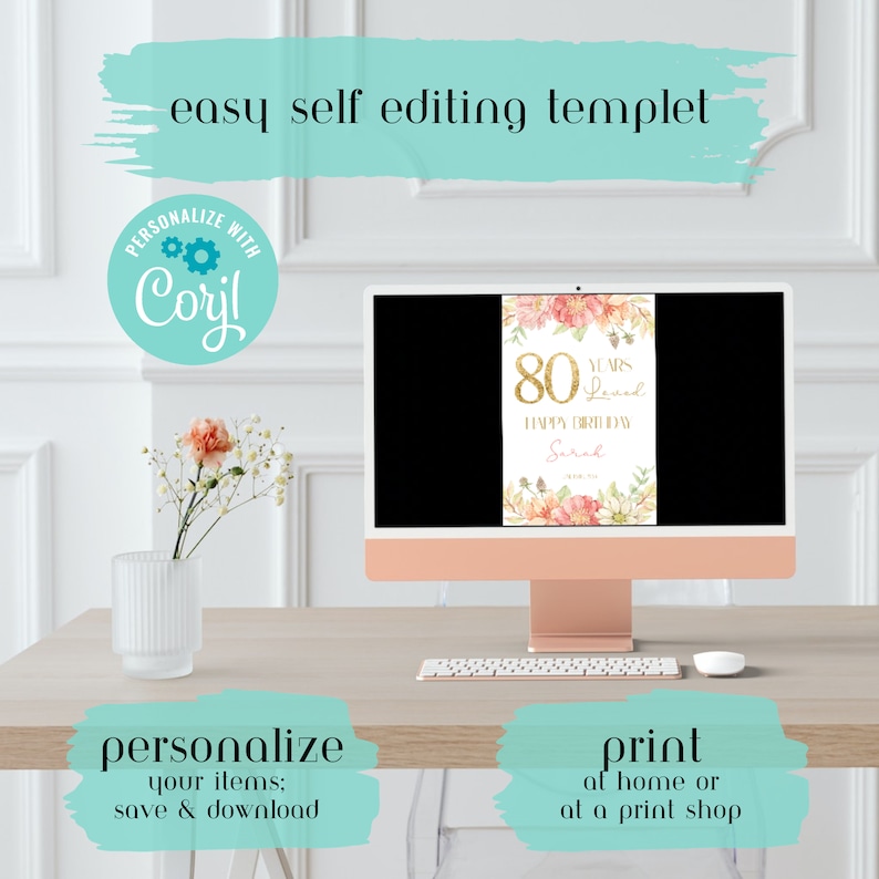 80 Years Loved, 80th Birthday Party Welcome Sign Printable, Pink Floral ...