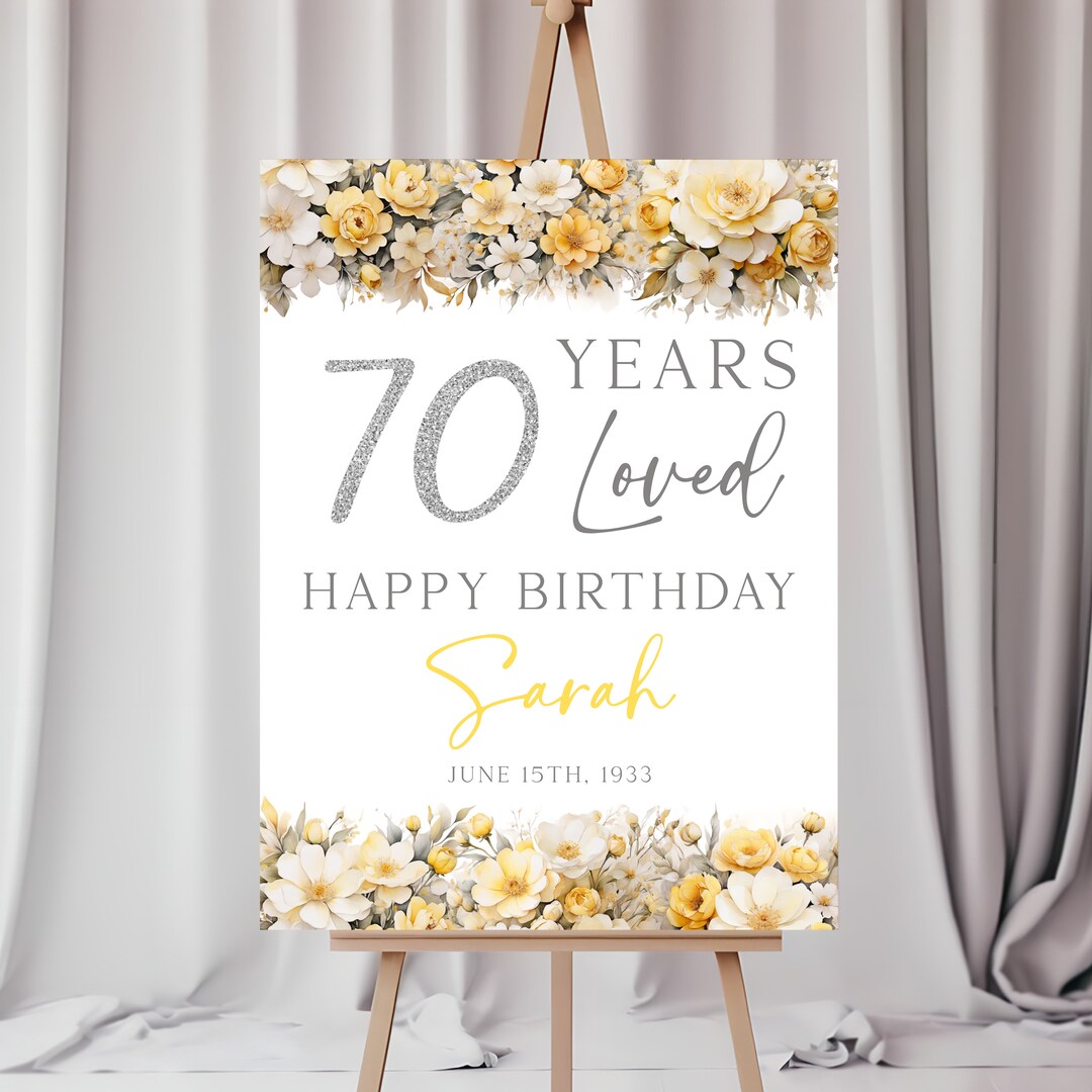 70 Years Loved, 70th Birthday Party Welcome Sign Printable, Yellow ...