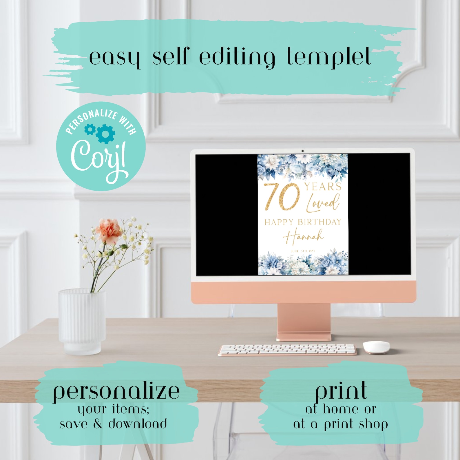 70 Years Loved, 70th Birthday Party Welcome Sign Printable, Blue Floral ...