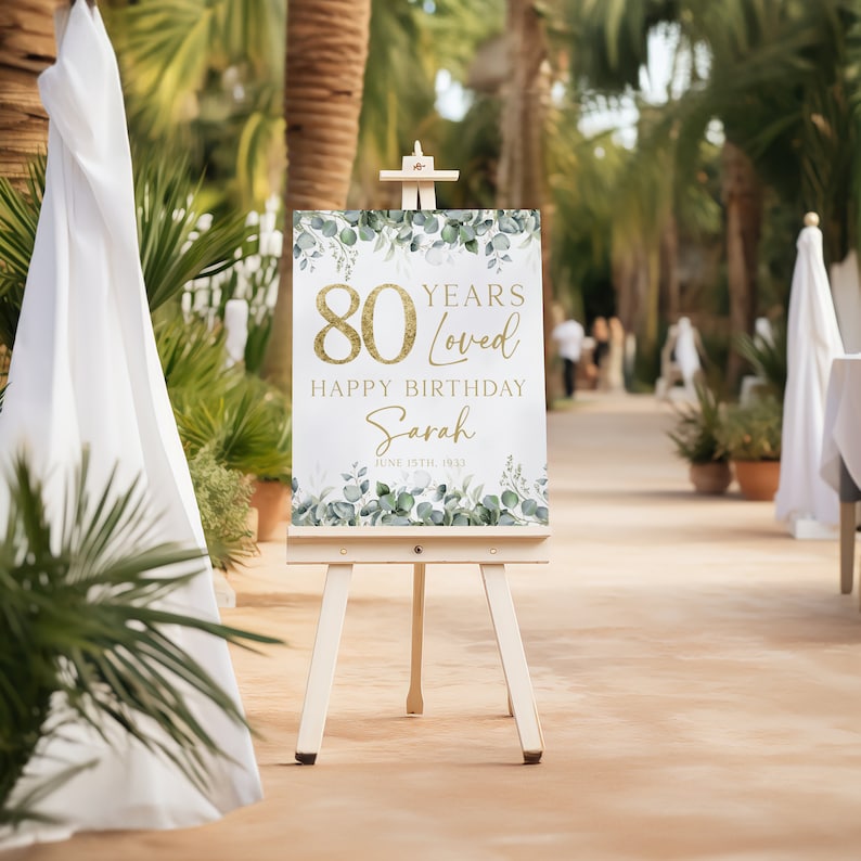 80 Years Loved, 80th Birthday Party Welcome Sign Printable, Greenery ...