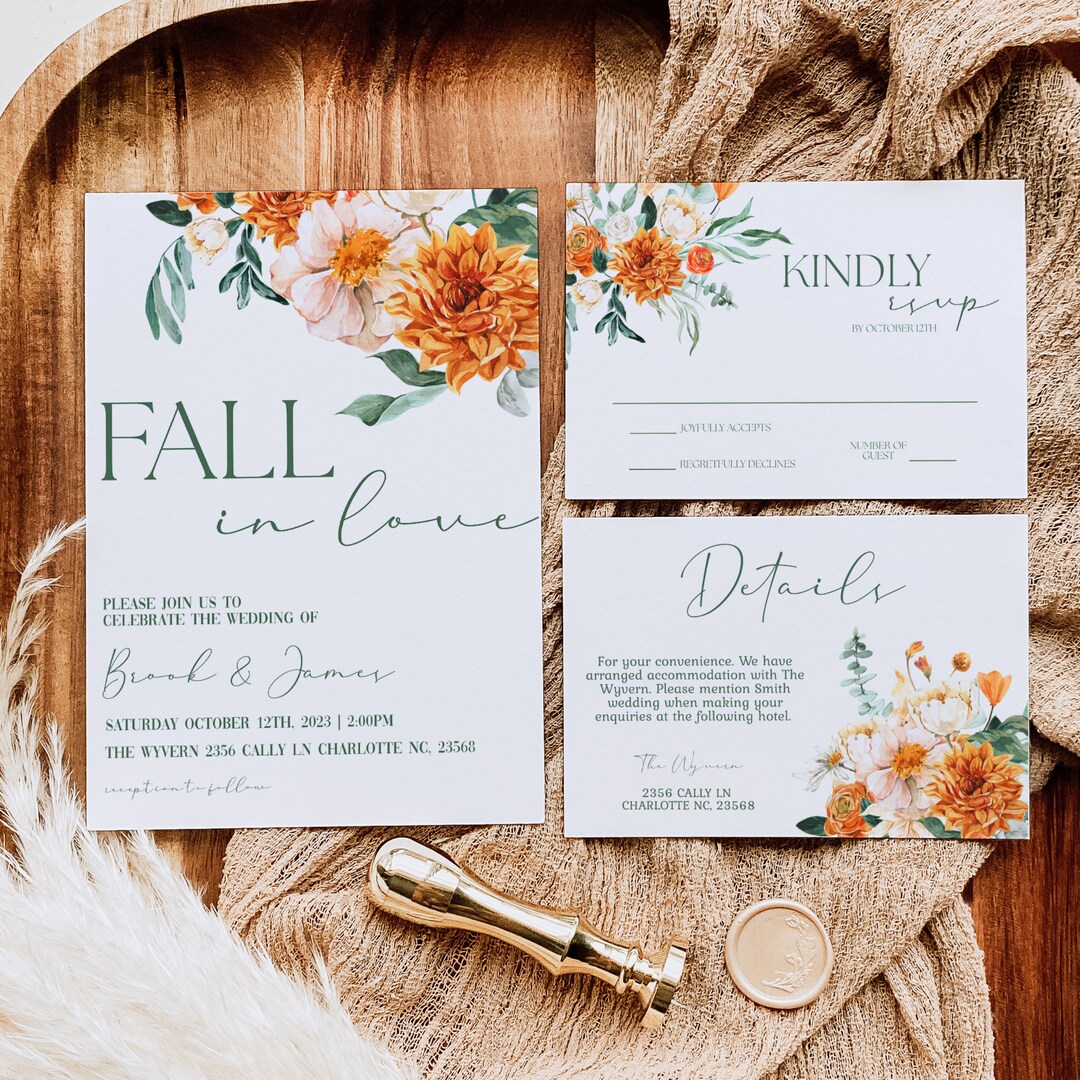 Fall in Love Wedding Invitation Template Suite, Autumn Wedding ...