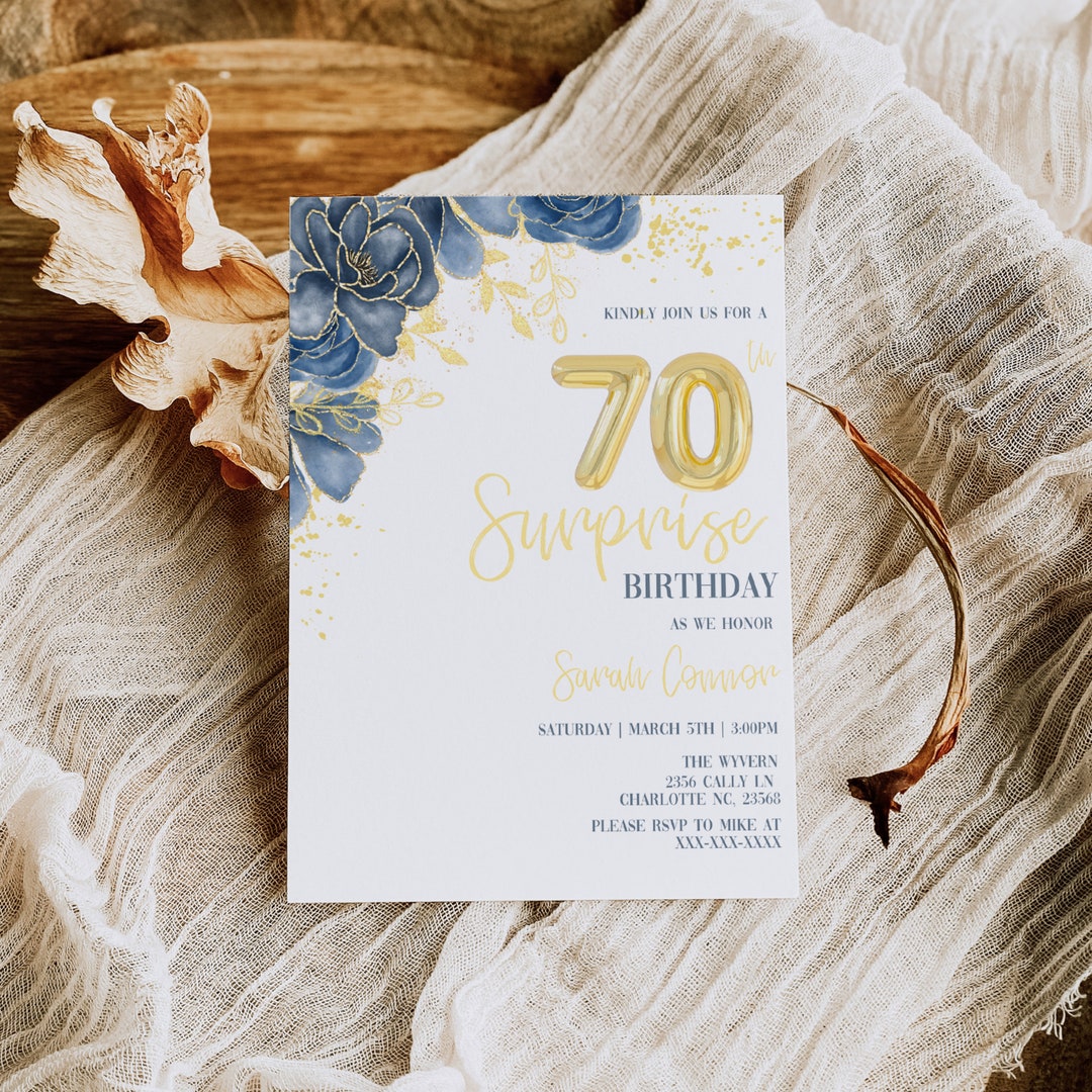 Surprise 70th Birthday Invitations for Women, Gold Floral Surprise 70th ...
