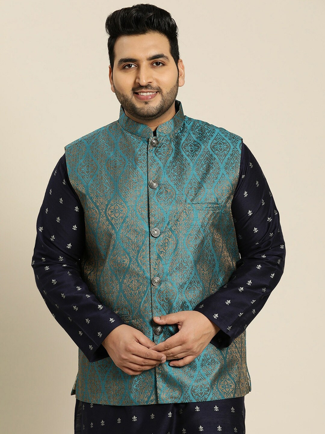 Men Teal Jacquard Nehru Jacket Men Nehru Jacket, Indian Jacket, Modi ...