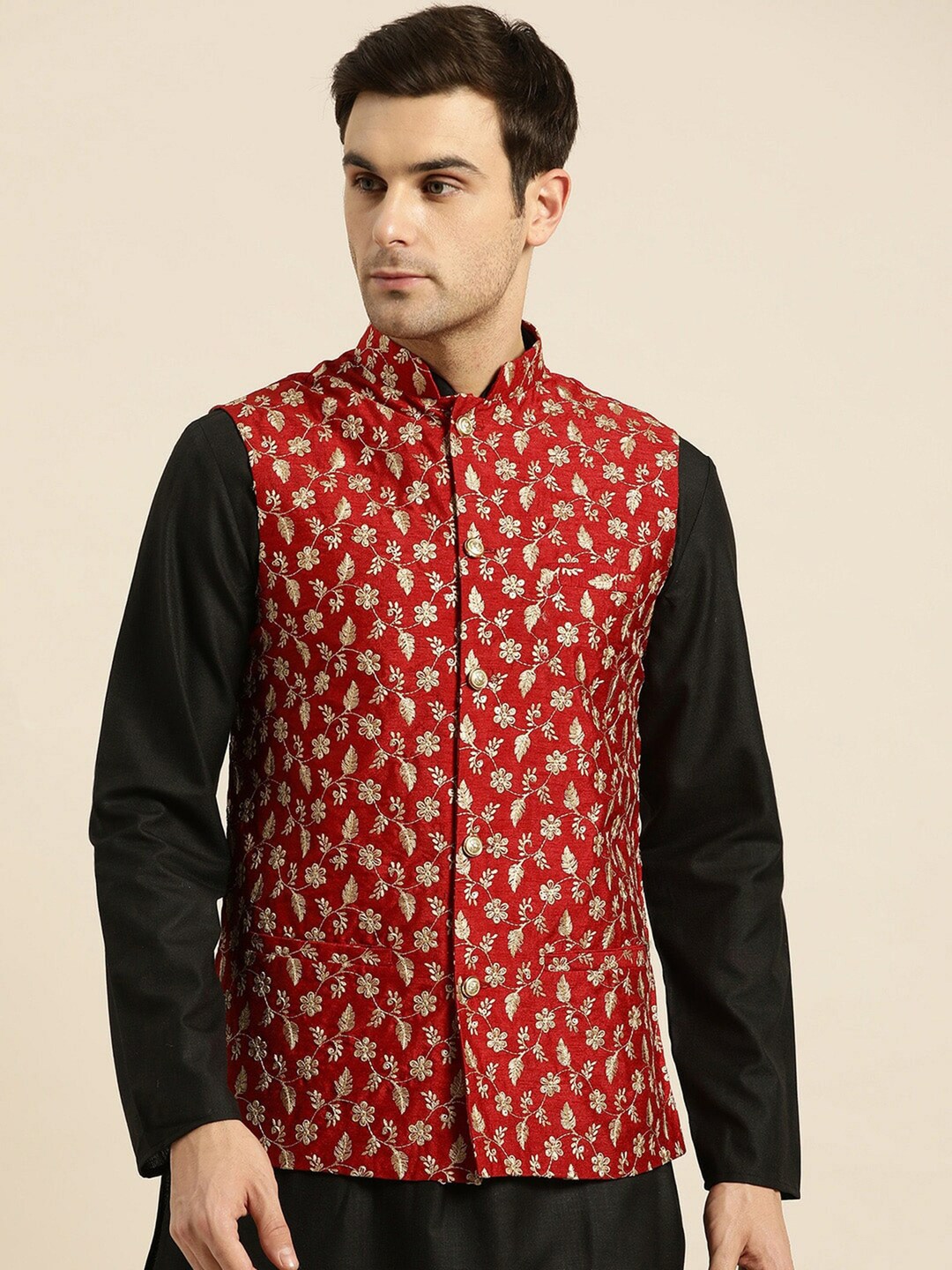 Men Red & Gold Coloured Woven Nehru Jacket Men Nehru Jacket, Indian ...