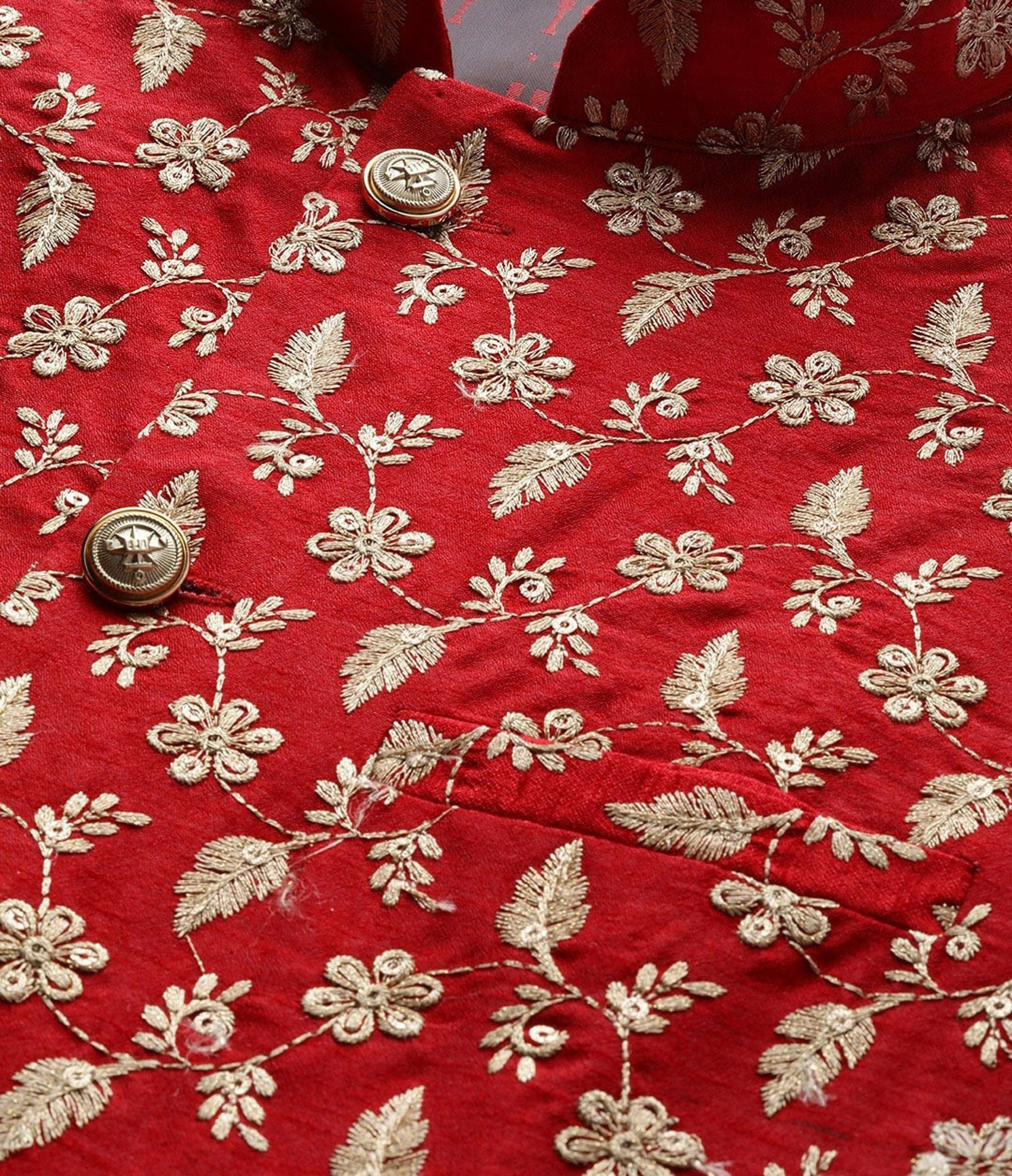 Men Red & Gold Coloured Woven Nehru Jacket Men Nehru Jacket, Indian ...