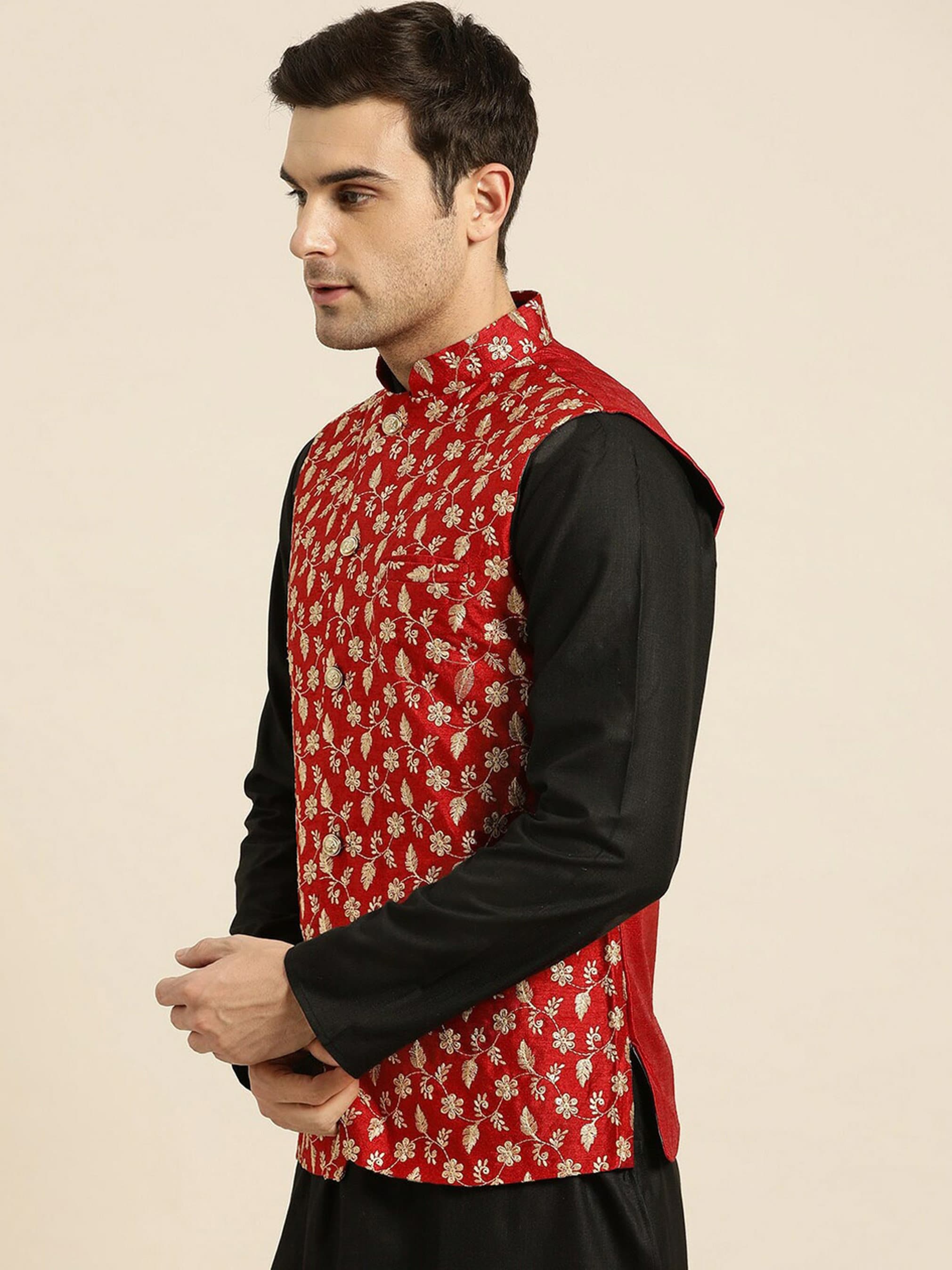 Men Red & Gold Coloured Woven Nehru Jacket Men Nehru Jacket, Indian ...