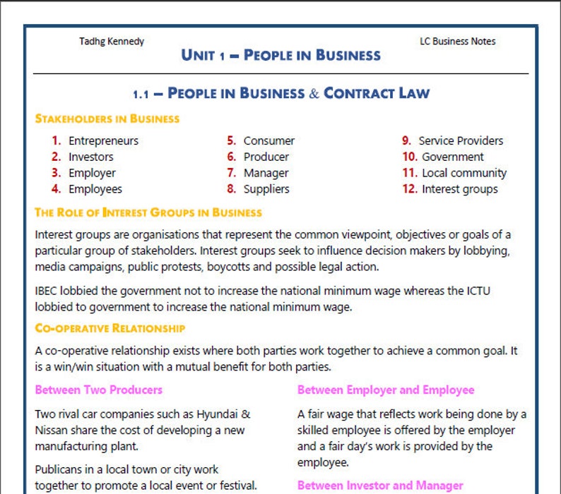 Leaving Cert Business - Full Course Notes (H1 Standard) - Etsy Ireland