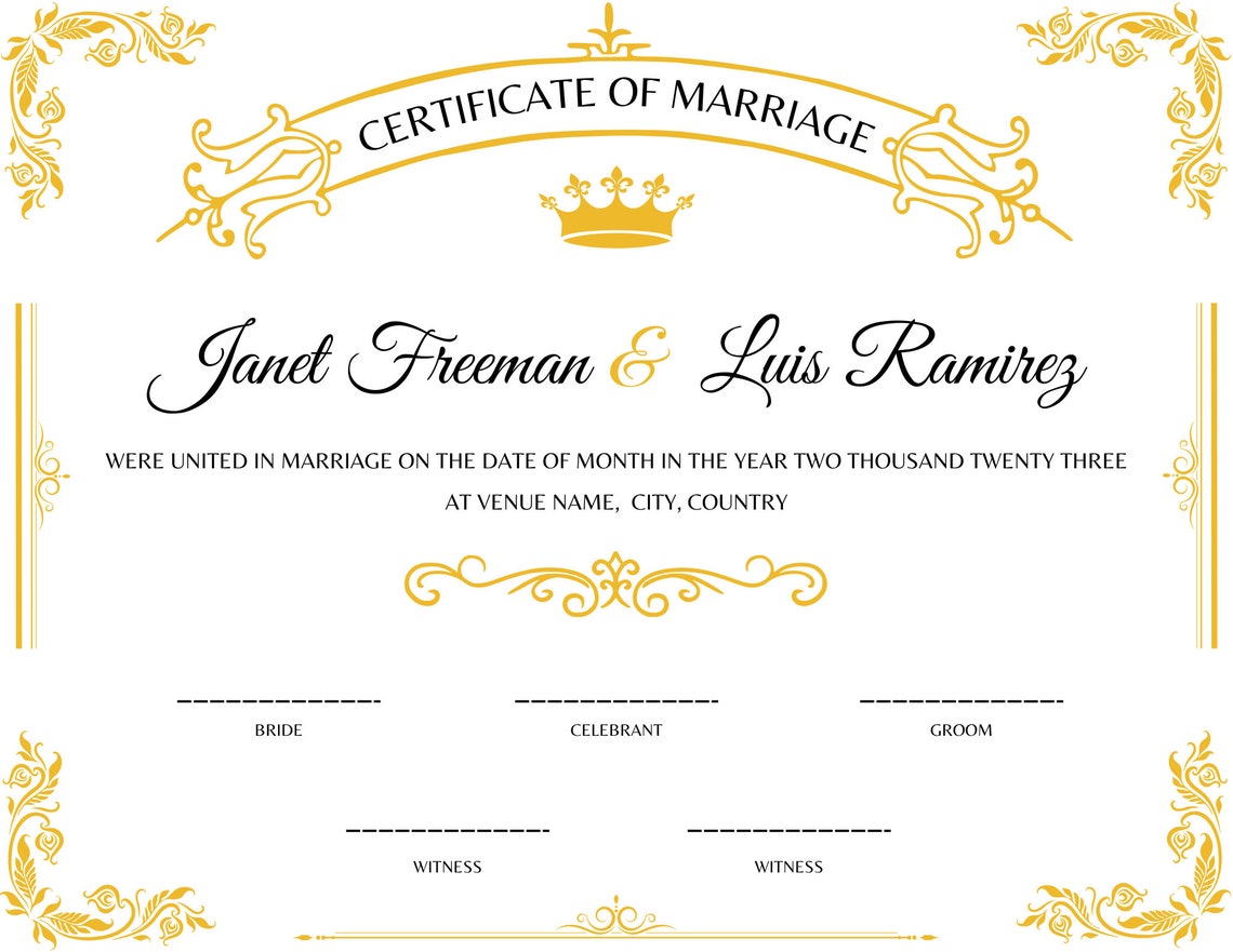 Regal Gold Princess Marriage Certificate Editable Download - Etsy