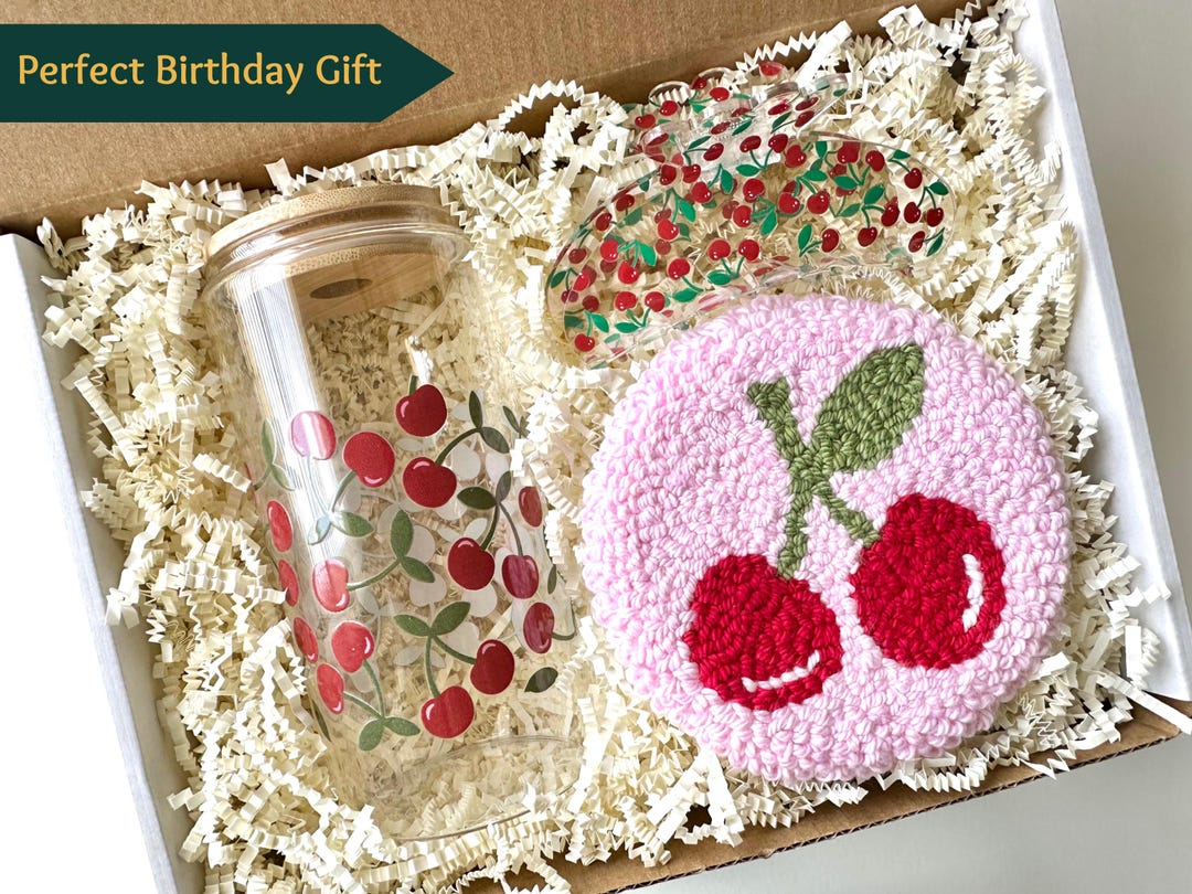 Cherry Gift Box Set: Glass Cup, Coaster & Hair Clip - Etsy