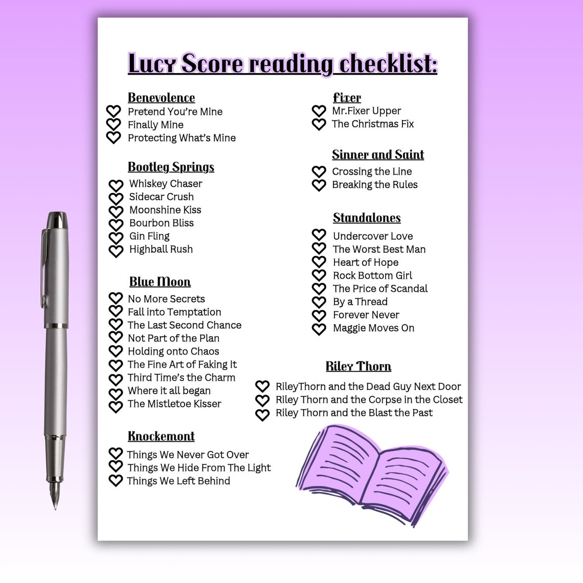 Lucy Score Purple Reading Checklist Printable, Lucy Score Romance ...