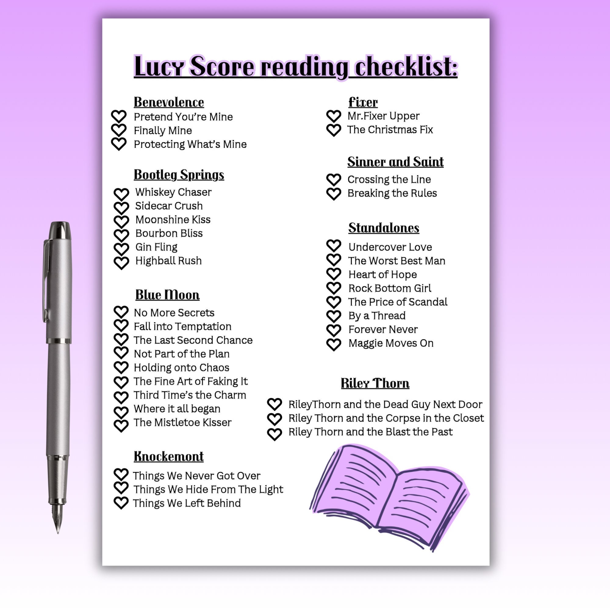 Lucy Score Purple Reading Checklist Printable, Lucy Score Romance ...