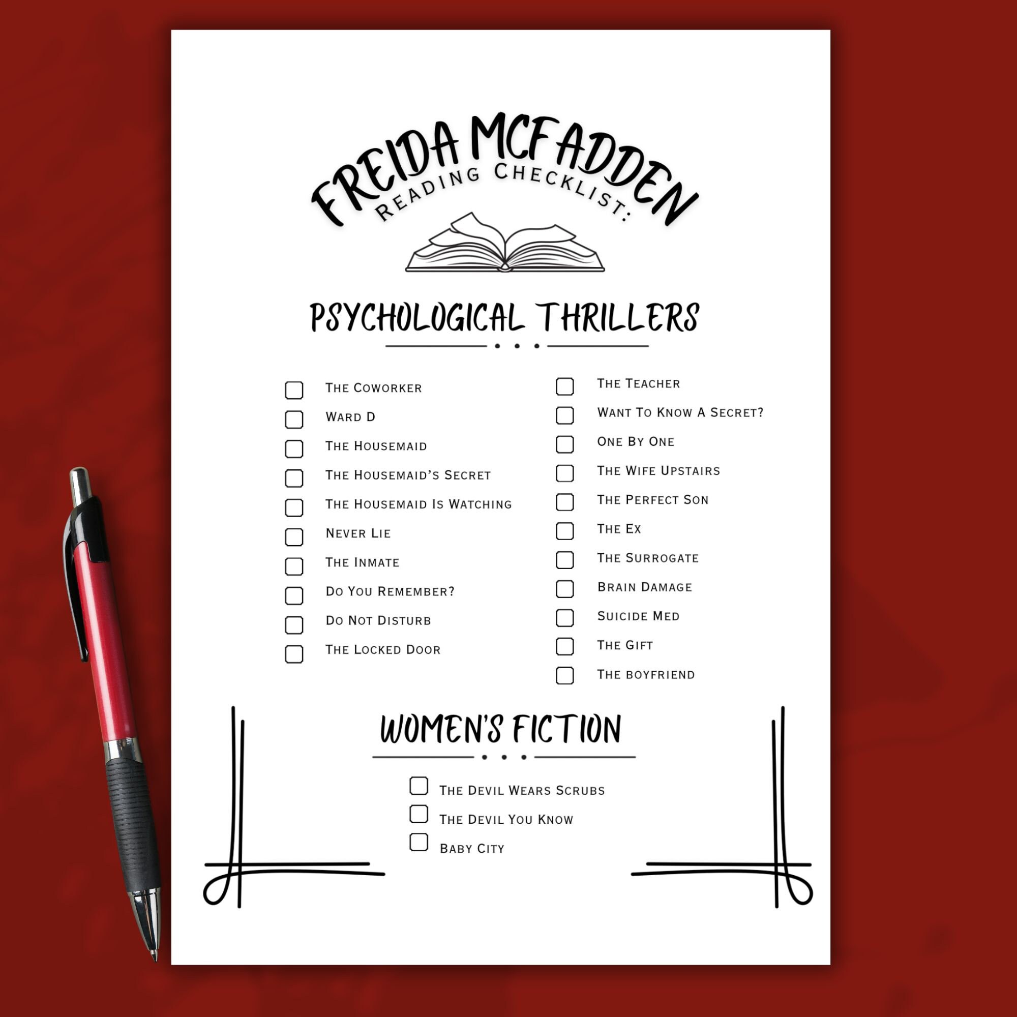Freida Mcfadden Reading Log, Printable Book Checklist, Thriller Author ...