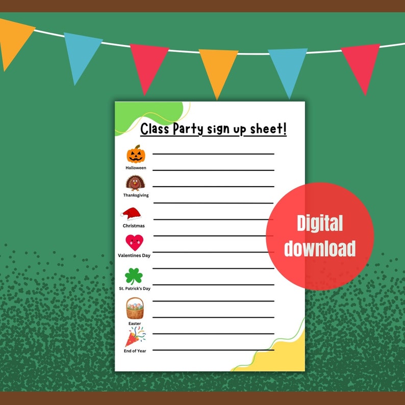Class Party Parents Volunteer Sign up Sheet for Preschool to Middle ...