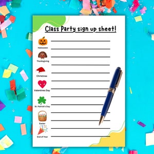 Class Party Parents Volunteer Sign up Sheet for Preschool to Middle ...