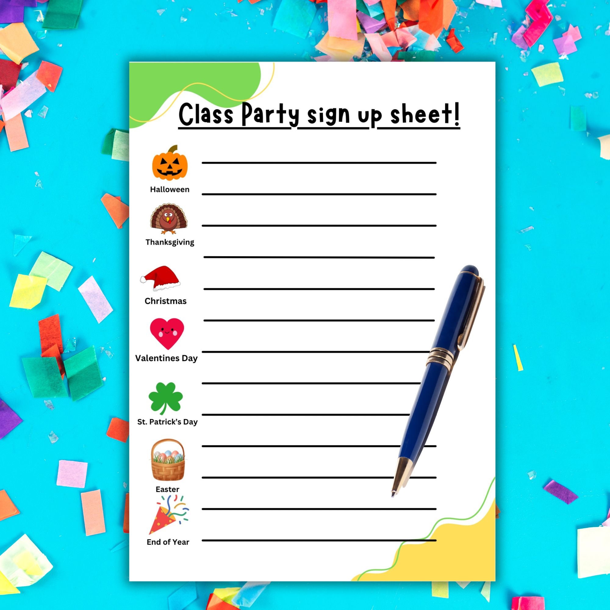 Classroom Party Volunteer Sign up Sheet for Preschool to Middle School ...