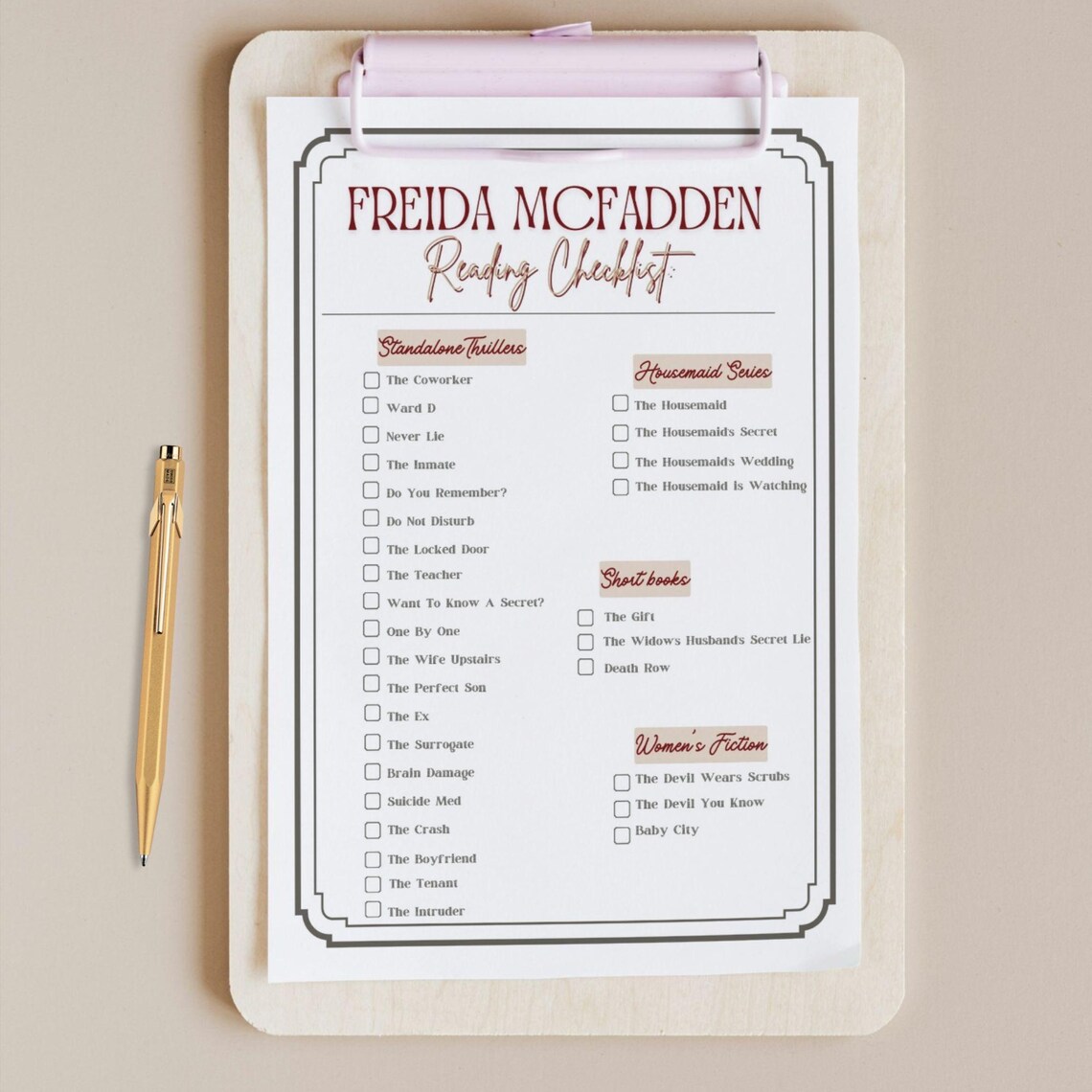 Freida Mcfadden Printable Checklist, Thriller Book Log, Freida Mcfadden ...