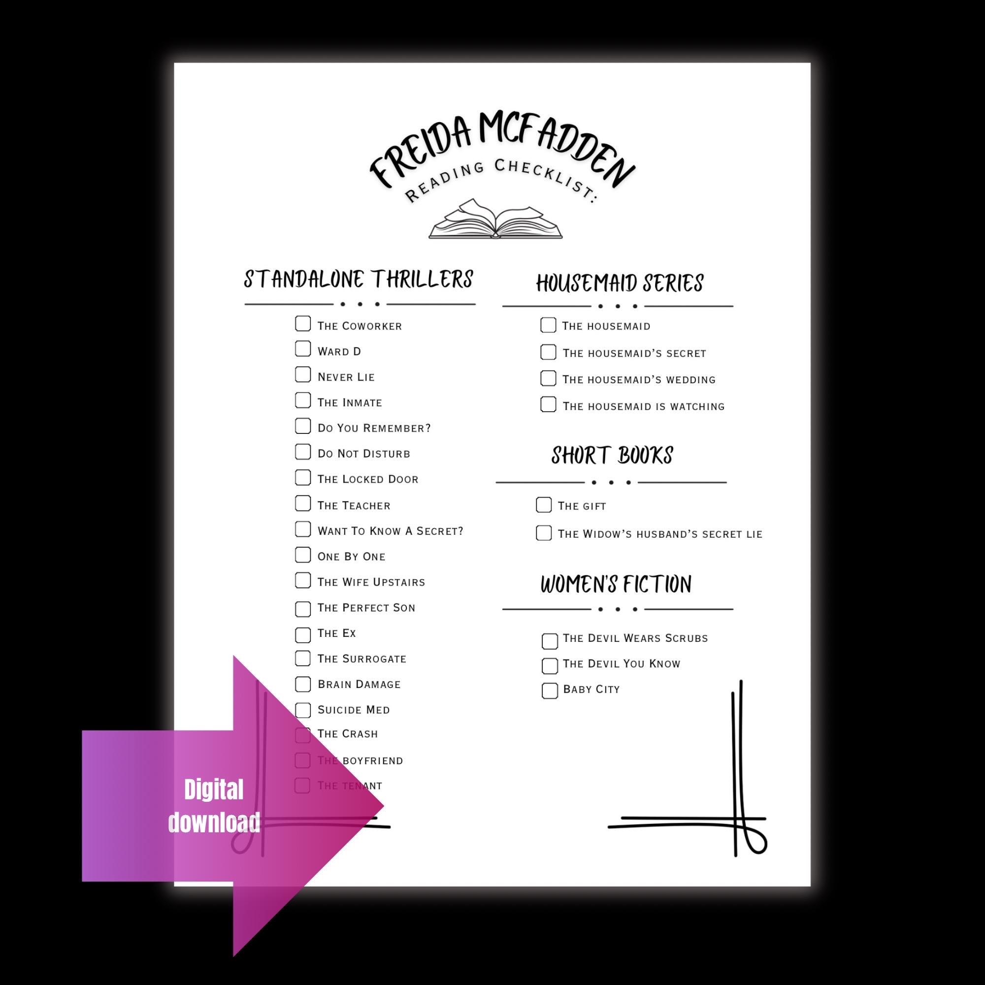 Freida Mcfadden Reading Log, Printable Book Checklist, Thriller Author ...