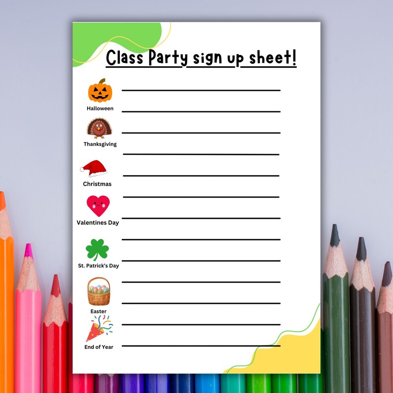 Class Party Parents Volunteer Sign up Sheet for Preschool to Middle ...