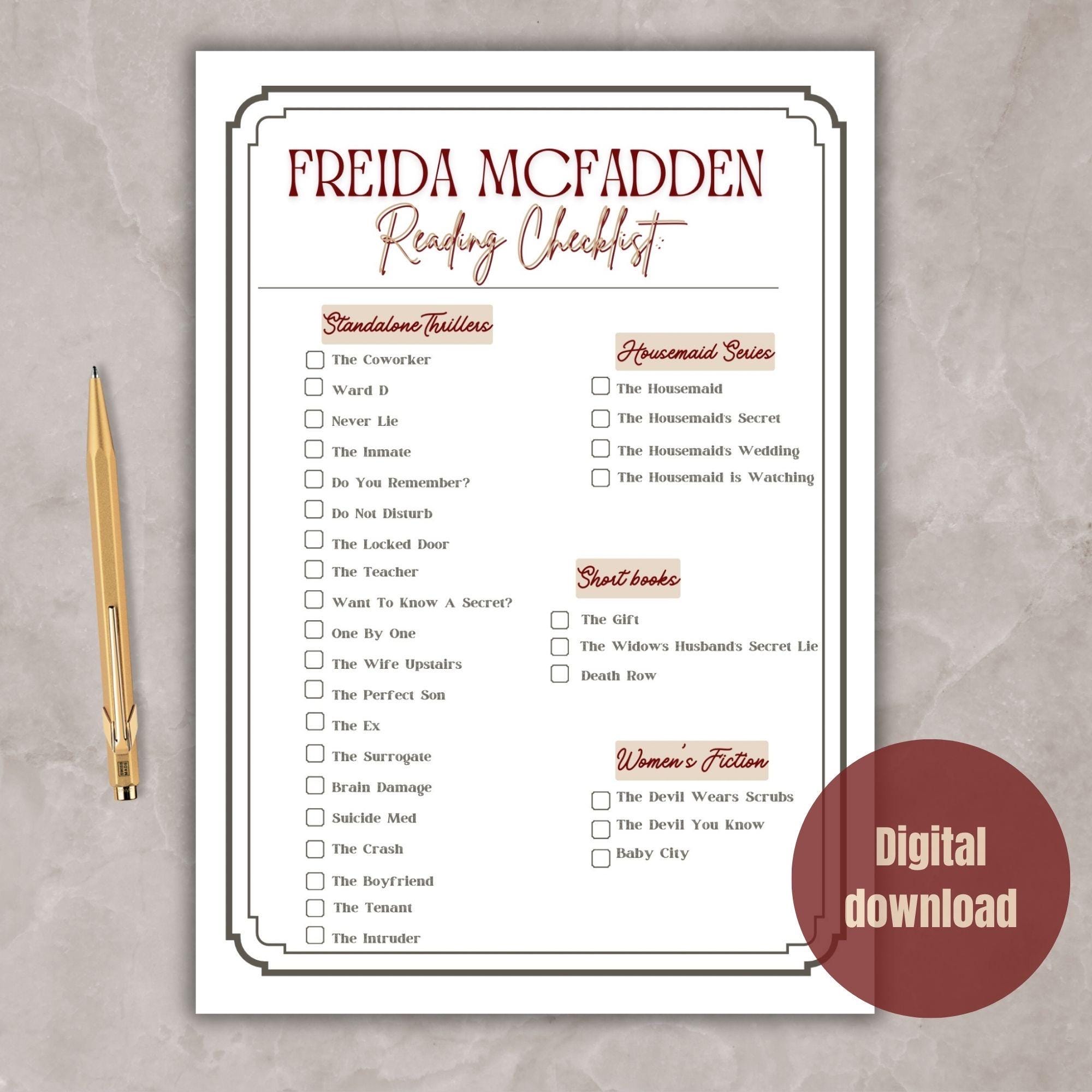 Freida Mcfadden Printable Checklist, Thriller Book Log, Freida Mcfadden ...