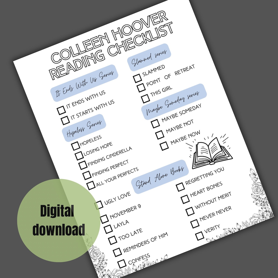 Colleen Hoover Blue Cozy Reading Session Book Checklist, Coho Reading ...