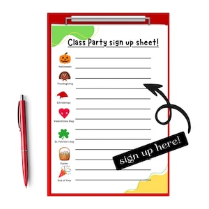 Class Party Parents Volunteer Sign up Sheet for Preschool to Middle ...