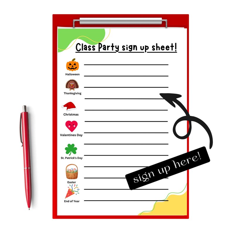 Class Party Parents Volunteer Sign up Sheet for Preschool to Middle ...