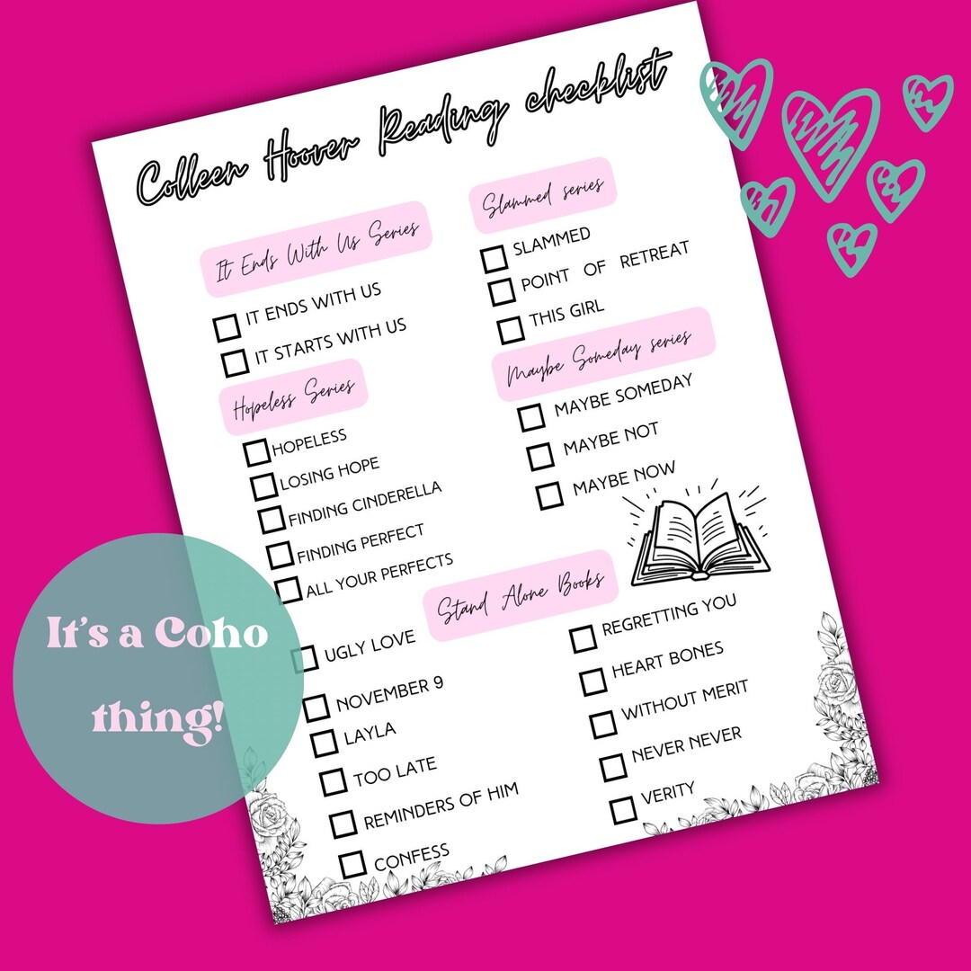 Colleen Hoover Pink Cozy Reading Session Book Checklist, Coho Reading ...